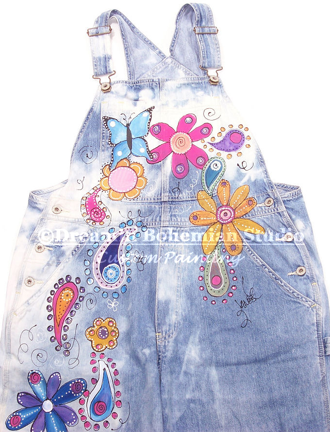 Hand painted boutique paisley daisy floral overalls