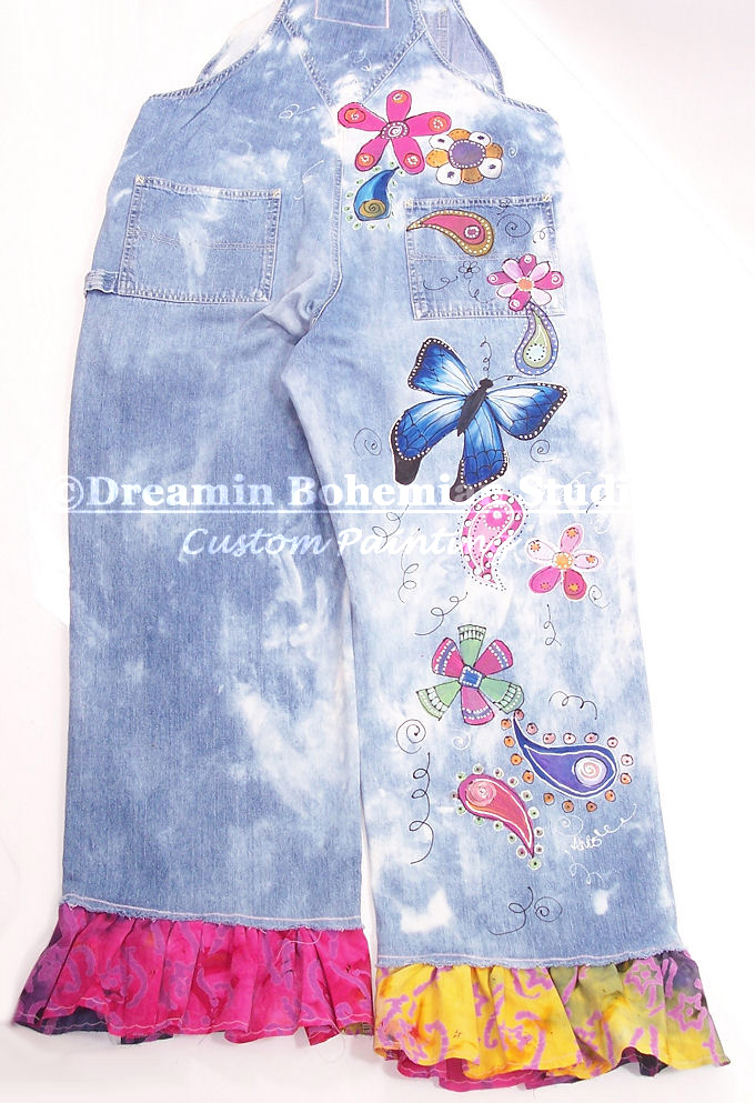 Hand painted boutique paisley daisy floral overalls